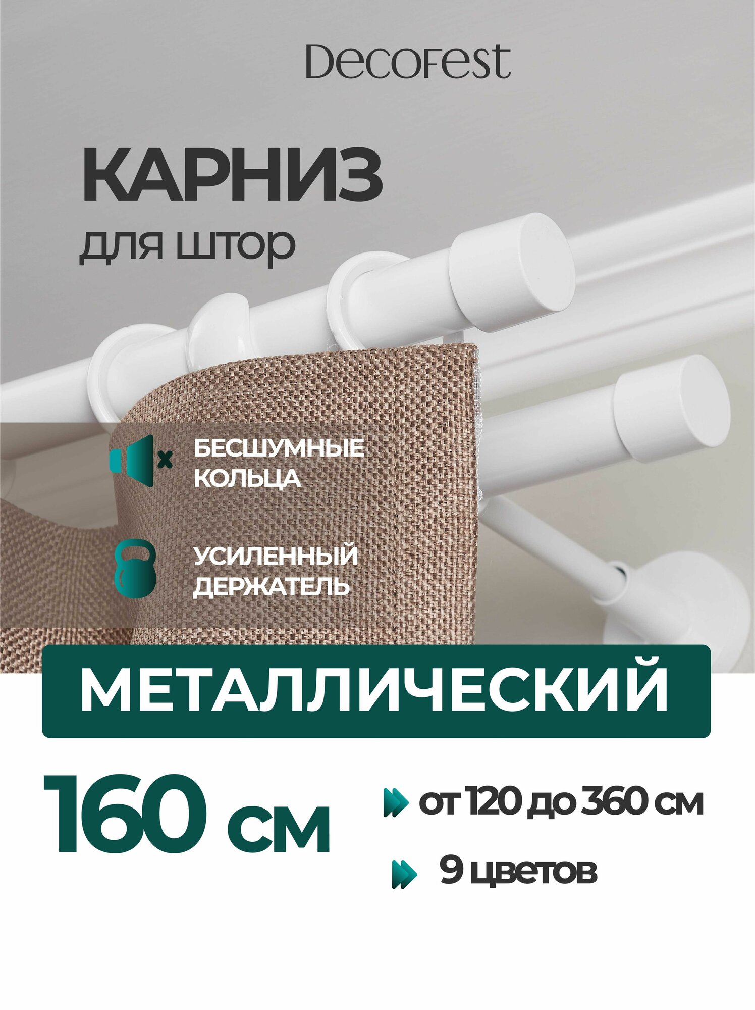 Карниз для штор двухрядный металлический прямой 160 см SET Белый, гардина настенная