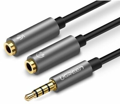 Кабель UGREEN AV141 (30619) 3.5mm male to 2 Female Audio Cable Aluminum Case. Длина: 20 см. Цвет: черный