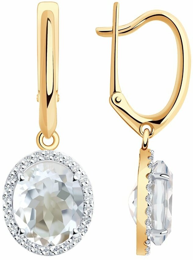 Серьги, золото, 585 проба, фианит, горный хрусталь