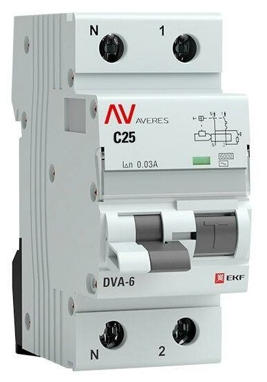 Выключатель автоматический дифференциального тока 2п C 25А 30мА тип AC 6кА DVA-6 Averes, EKF RCBO6-1PN-25C-30-AC-AV (1 шт.)