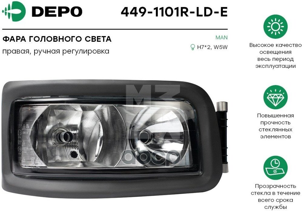Фара в сборе ! правая универсальная без корректора с окантовкой H7/H7 MAN TGA Depo арт. 4491101RLDE