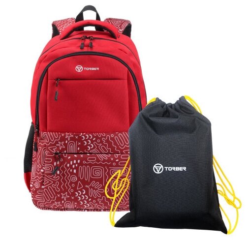 Рюкзак Torber T2602-22-RED-M CLASS X с мешком для обуви красный 45x30x18 см