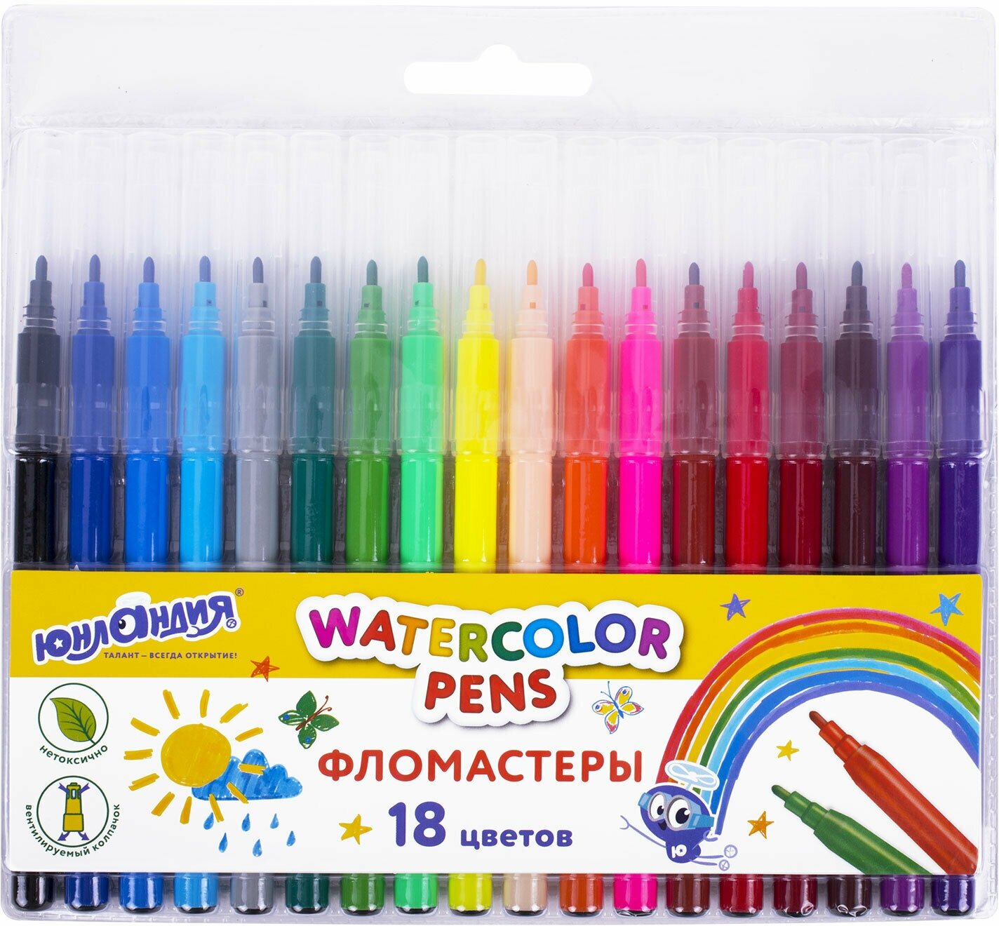 Фломастеры юнландия 18 цветов "классные!", вентилируемый колпачок, ПВХ, 152479