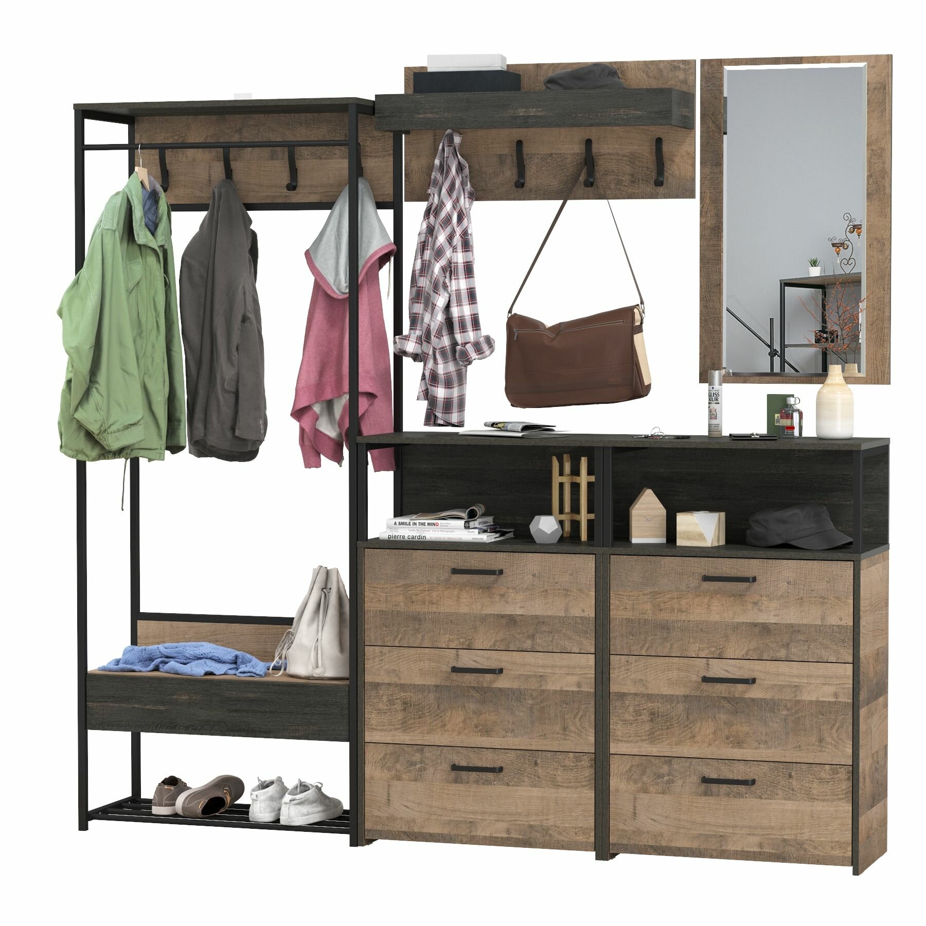 Прихожая в стиле лофт Трувор № 226, цвет дуб гранж песочный/интра, ШхГхВ 212х37х194,2 см, универсальная сборка