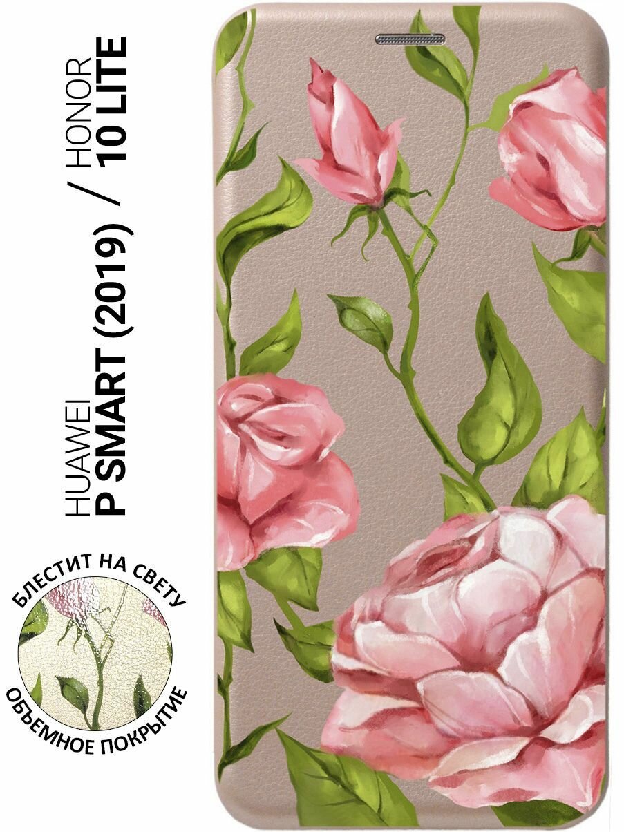 Чехол-книжка на Honor 10 Lite, Huawei P Smart (2019), Хуавей П Смарт (2019), Хонор 10 Лайт с 3D принтом "Amazing Roses" золотистый