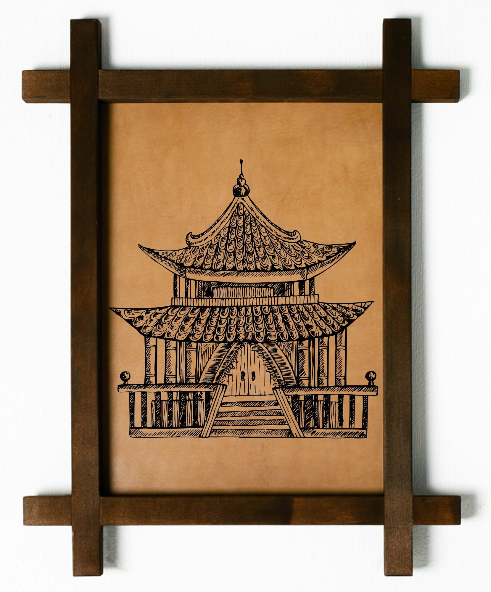Картина интерьерная, натуральная кожа, "Японский храм", в деревянной раме, BoomGift