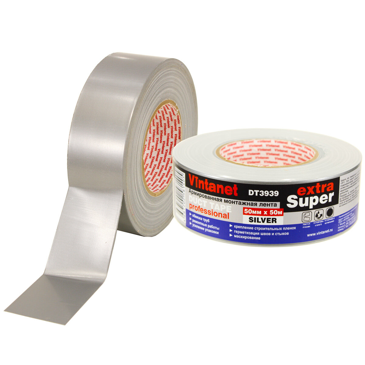 Лента монтажная армированная DT3939 экстра супер Vintanet, серебряная, 50 мм х 50 м