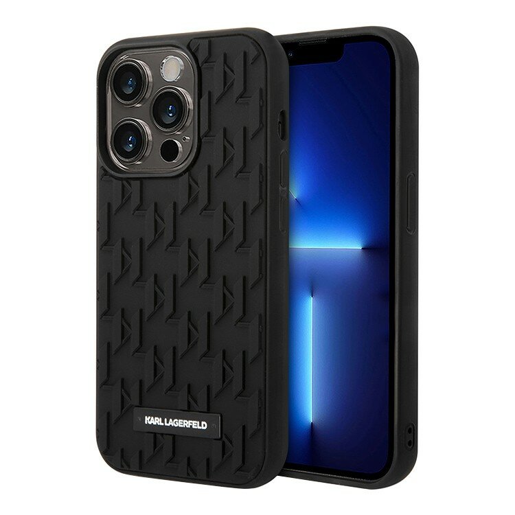 Karl Lagerfeld чехол для iPhone 15 Pro, 3D Rubber с монограммой бренда и металлическим лого, черный