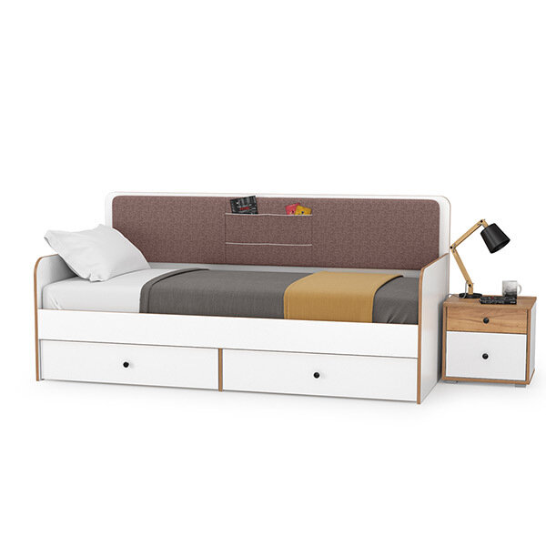 Кровать Вуди 11.02 + Тумба 13.287, цвет белый премиум/дуб крафт золотой/саванна латте