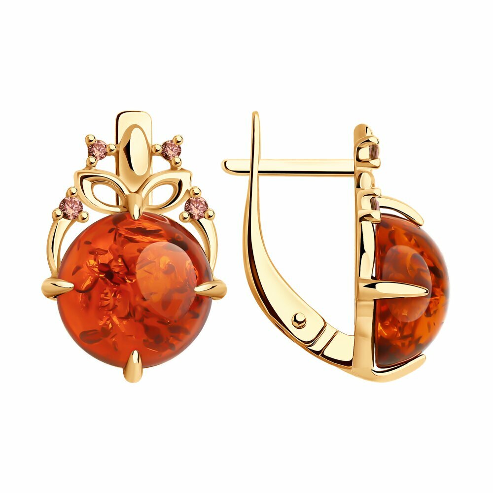 Серьги, серебро, 925 проба, фианит, янтарь