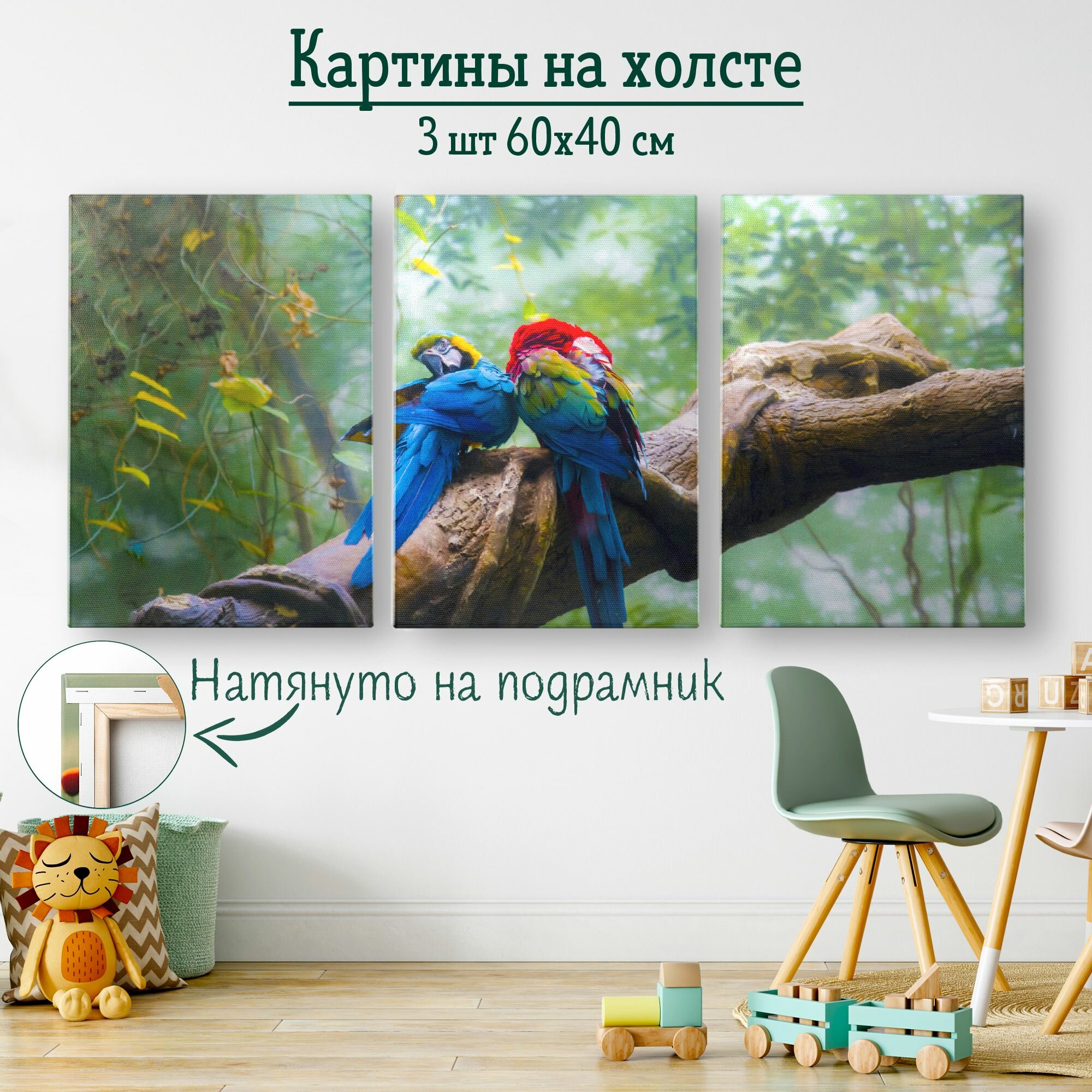 Картины для интерьера "Пейзаж природа попугаи" на стену комнаты, 40*60 см, набор из 3 шт, декоративные модульные картины для кухни, настенный декор для дома, триптих