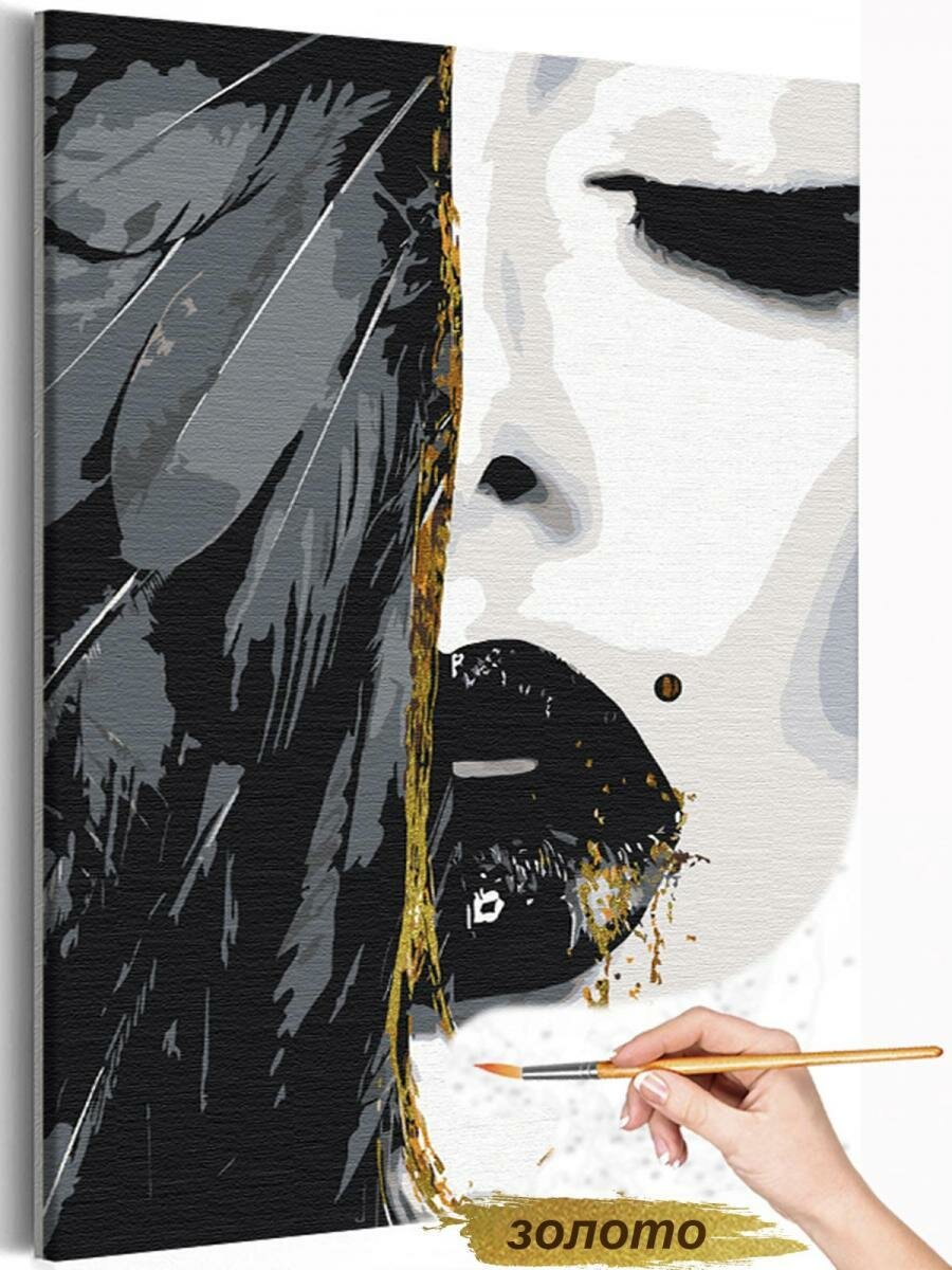 Лицо девушки с перьями Губы Портрет Женщина Цветы Черно-белая Золото Раскраска картина по номерам на холсте с металлической крас 40х60