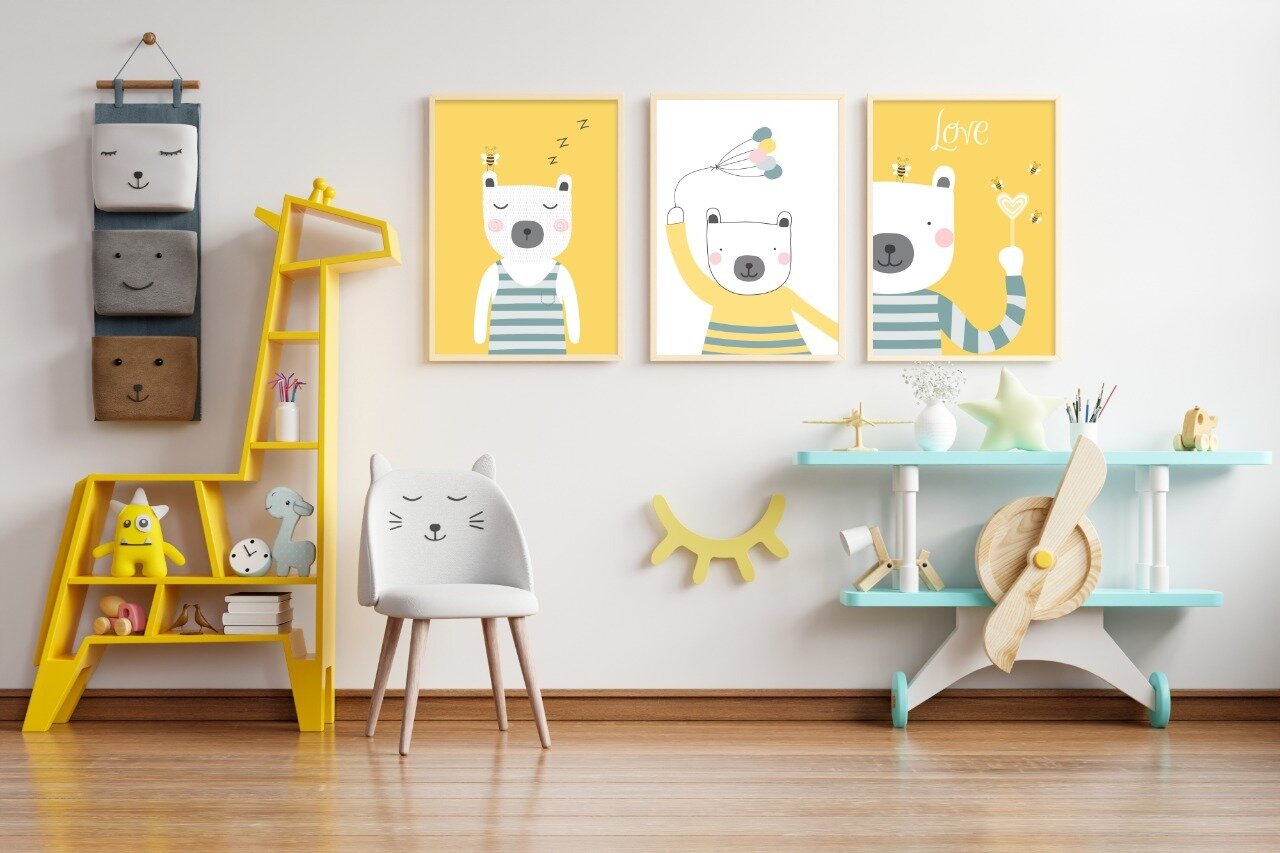 Интерьерный постер в детскую комнату c животными набор 3 шт "Горчичный мишка"