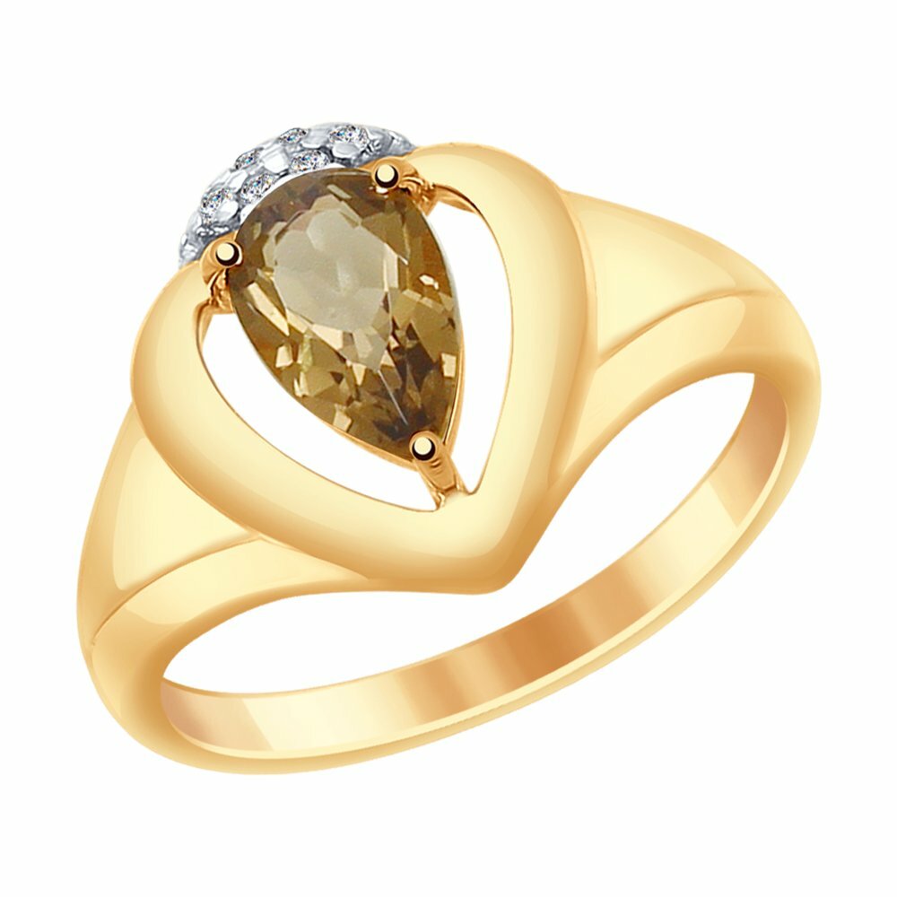 Кольцо, серебро, 925 проба, золочение, раухтопаз, фианит