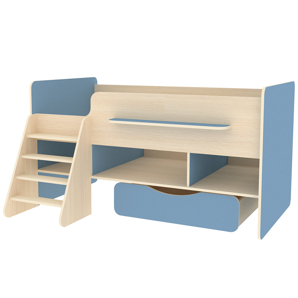 Кровать чердак Л 6 Дуб Молочный Светло Синий/Голубой