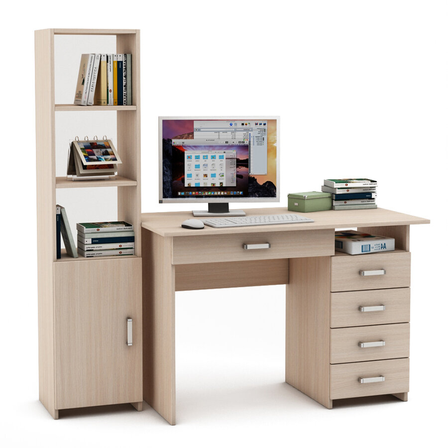 Стол письменный, компьютерный Лайт (Ньюкасл) 5Я со стеллажом и ящиком, 149,2х145х60 см, дуб молочный