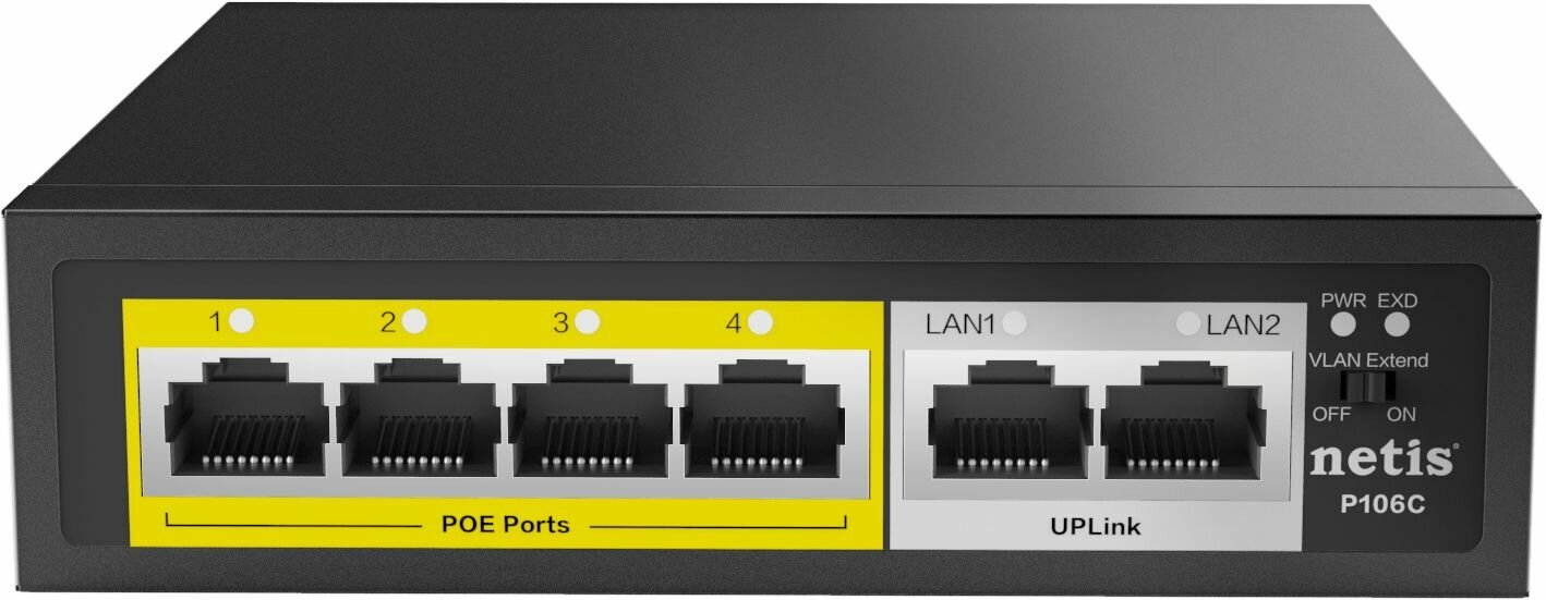 Неуправляемый PoE коммутатор Fast Ethernet netis P106C, 4 порта 100 Мбит/с PoE+ , 2 порта 100 Мбит/с RJ45 Uplink, PoE бюджет 60Вт