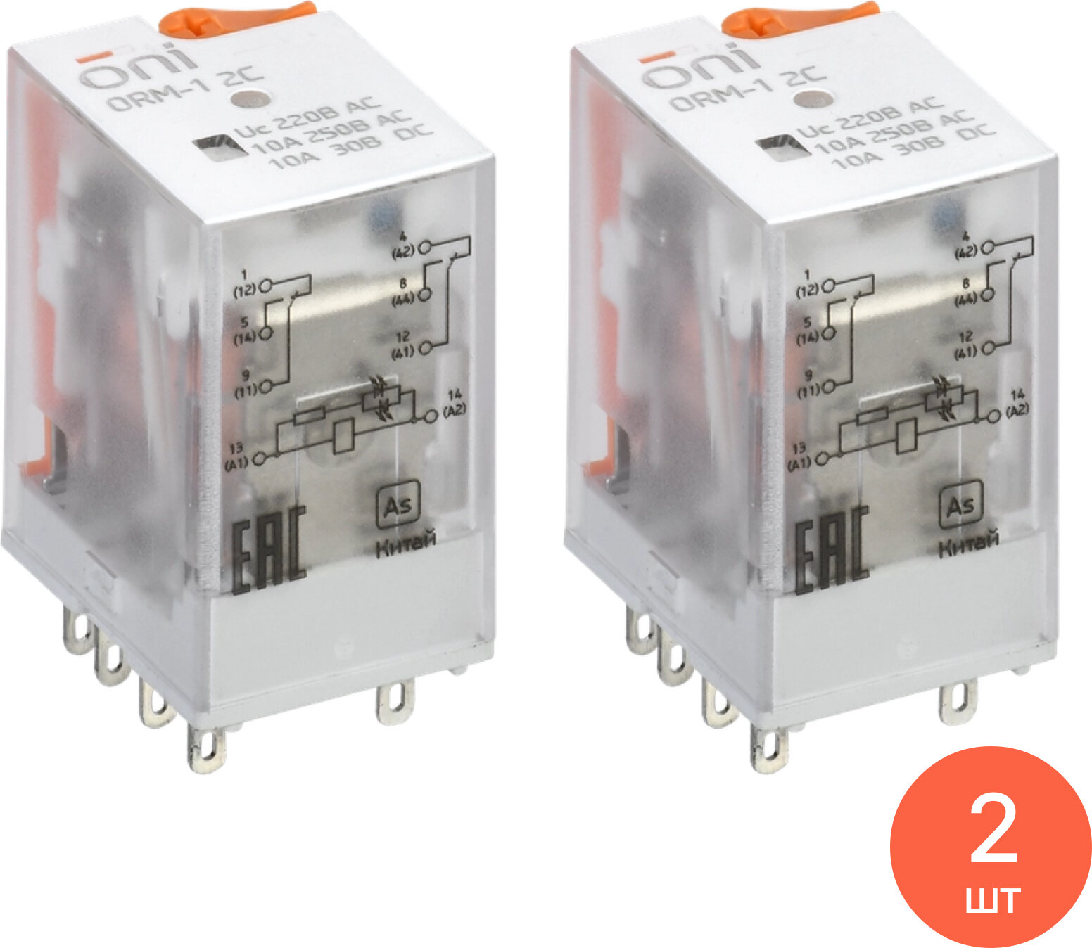 Реле интерфейсное ONI / ОНИ ORM-1 со светодиодом и тестовой кнопкой, 27x36x21мм, 2C 220В AC, ORM-1-2C-AC220V-L-B / электрика (комплект из 2 шт)