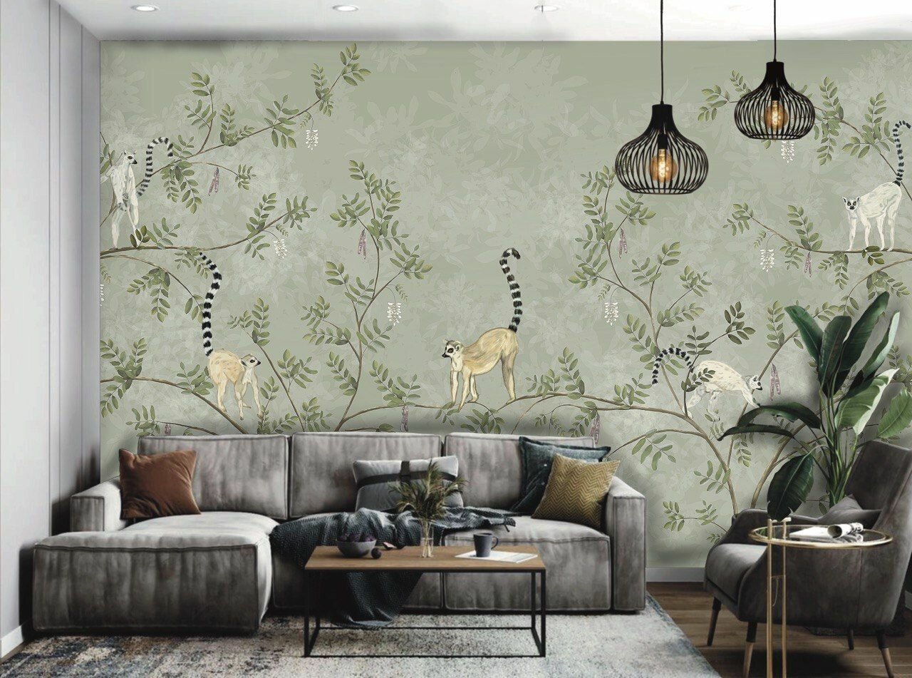 Фреска бесшовная Лемуры Серо-голубой (текстура листья) (ширина 2750мм х длина 3500мм)