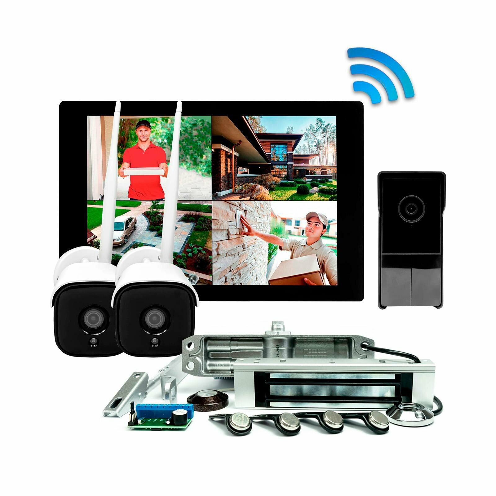 Wi-Fi видеодомофон TUYA с 2 камерами и замком - SkyNet 1000 (1+2+400G) (N50240RA): HD монитор 10 дюймов, вызывная панель, замок магнитный и 2 камеры