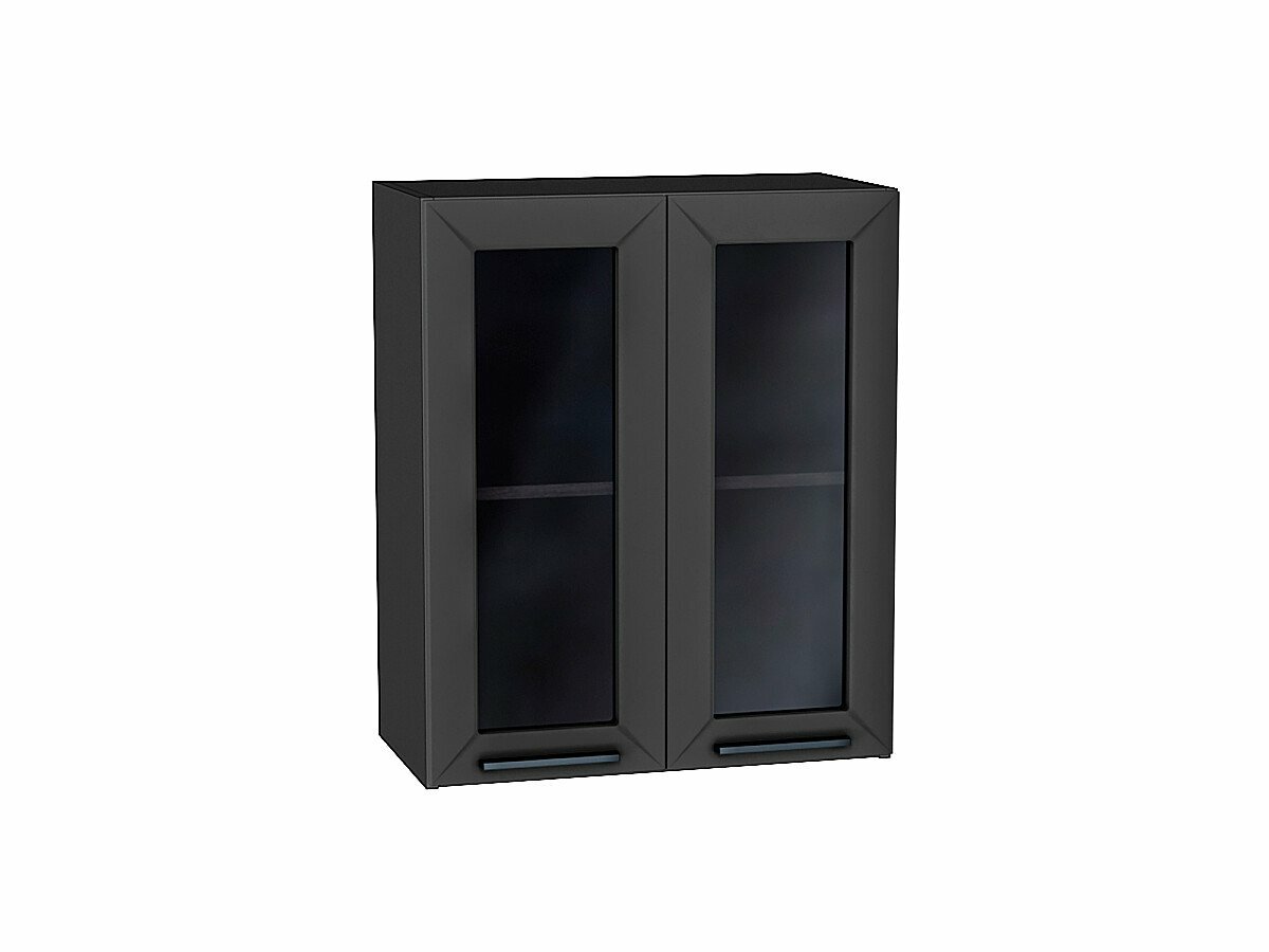 Шкаф верхний с 2-мя остекленными дверцами Глетчер, цвет фасада Маренго Силк, цвет каркаса Graphite, стекло Lacobel «Black», 716*600*318 мм