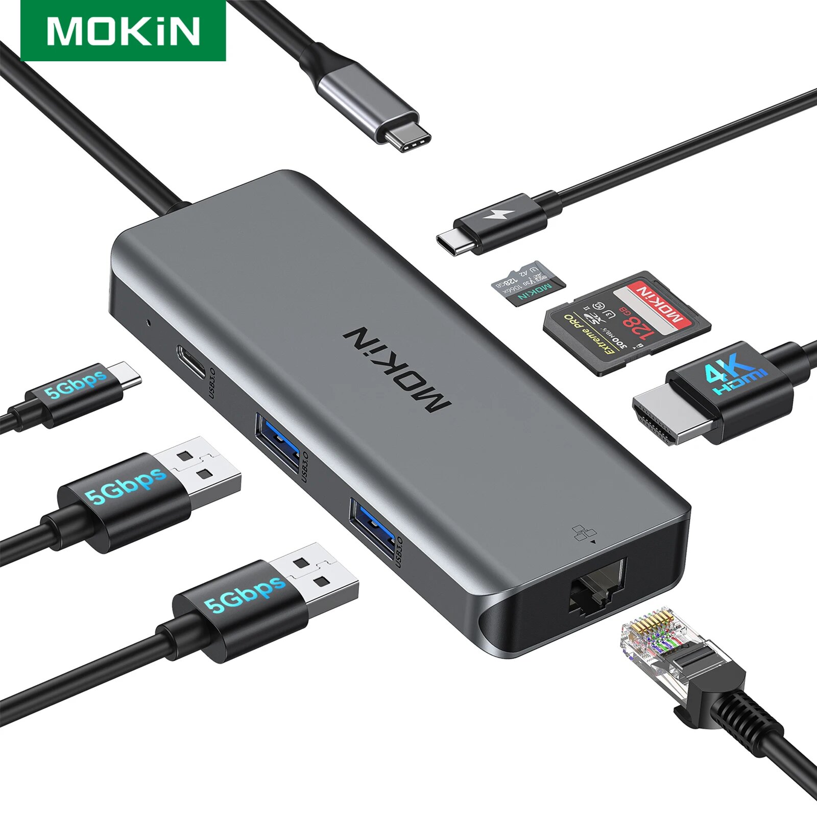 MOKiN USB-концентратор 8 в 1 USB C на 4K30 Гц HDMI 3USB 3.0 RJ45 1000 Мбит/с SD/TF Card Reader PD100W Charge для MacBook Air Pro PC