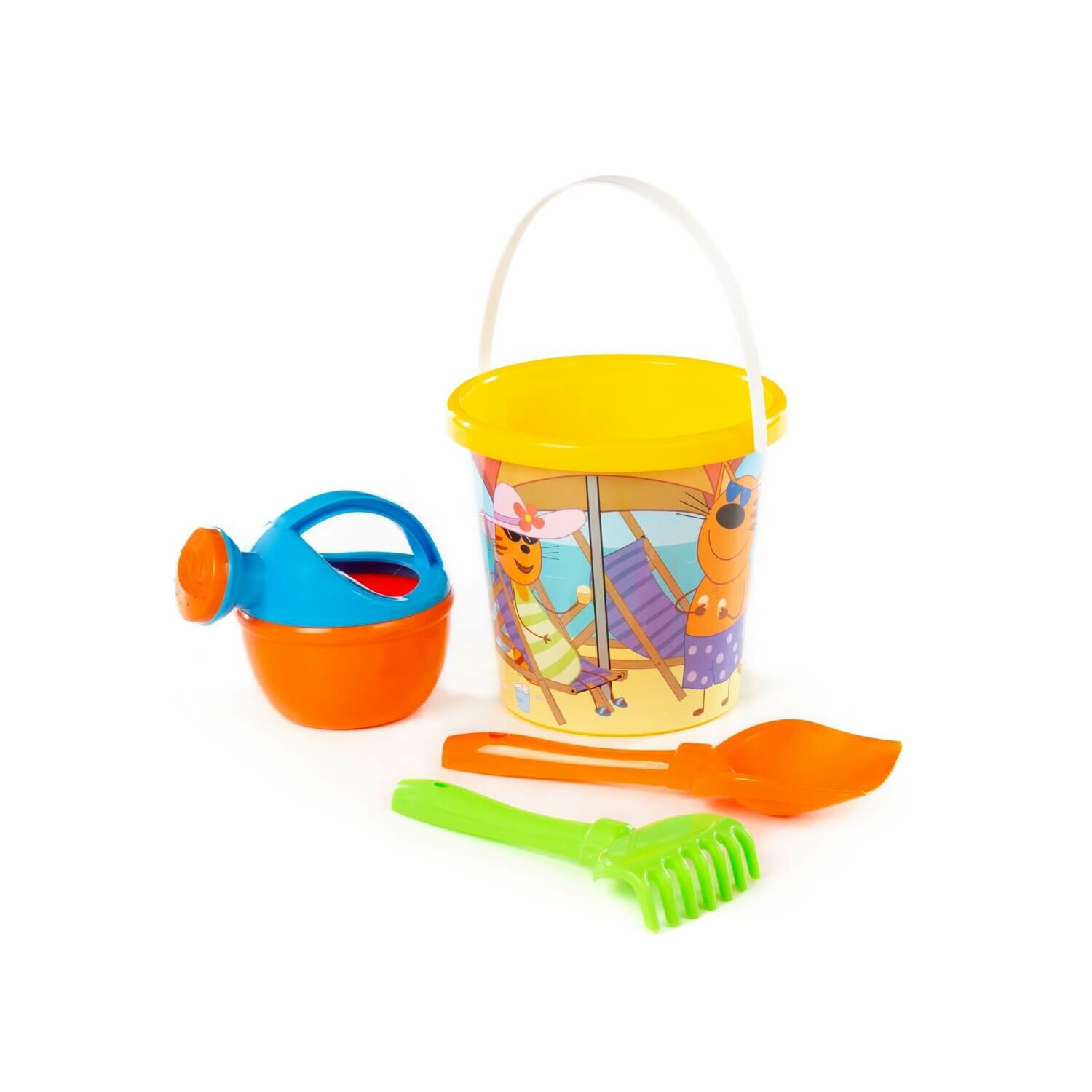 Песочный набор "Три кота" Ведро с наклейкой, лопатка, грабельки, лейка