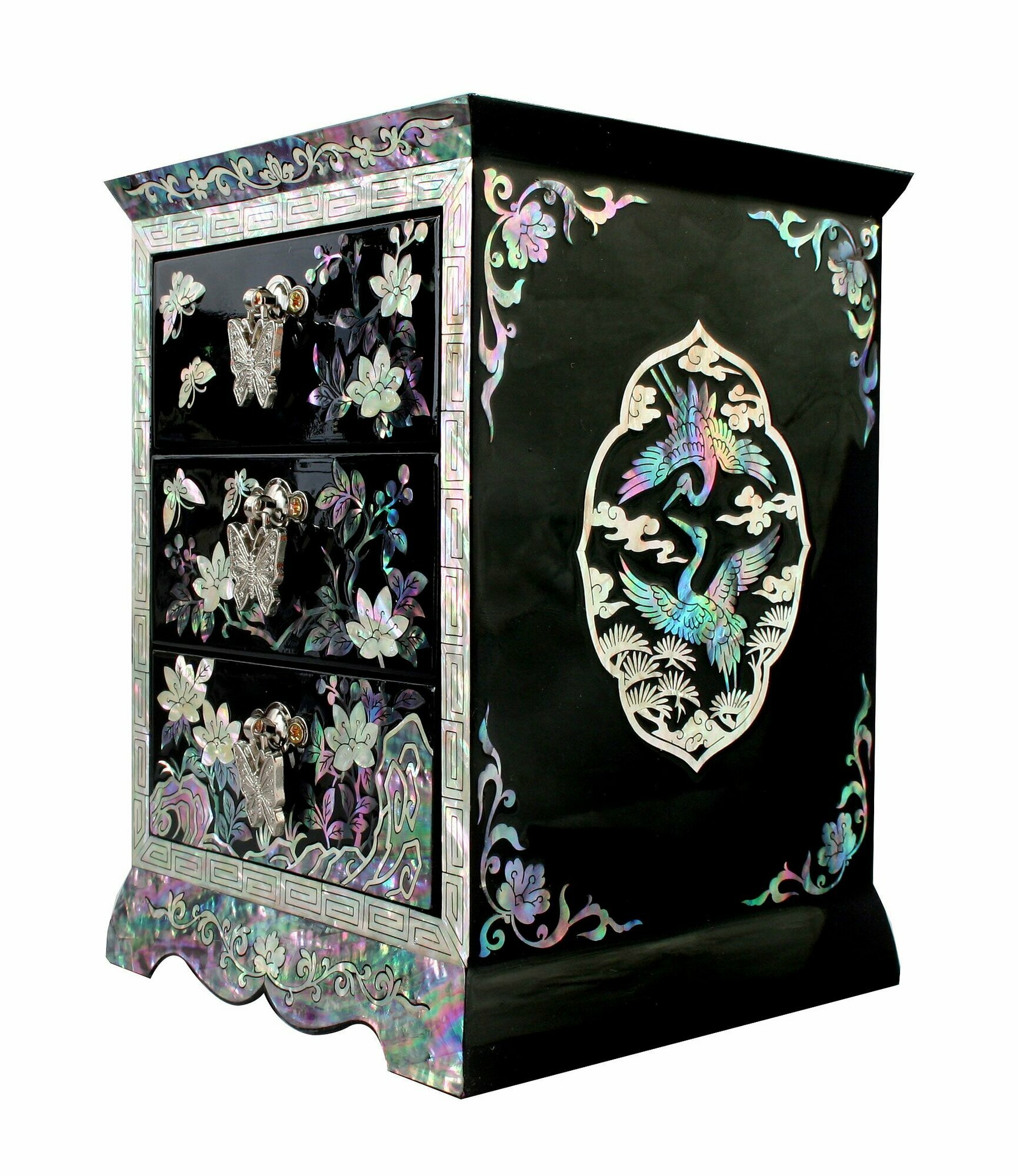 Шкатулка-сундучок Журавли ручной работы черная, Южная Корея 120x120x170мм