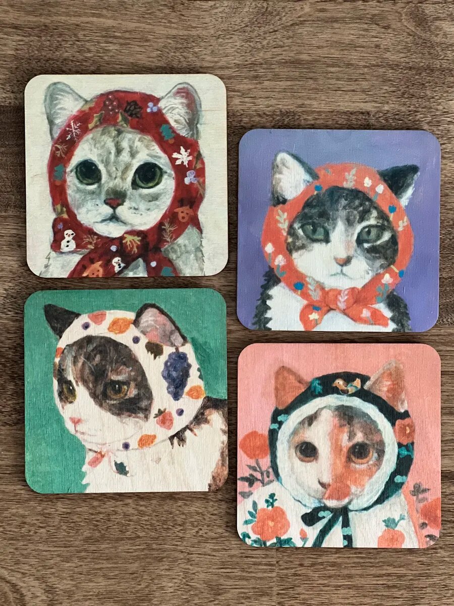 Подставка под кружку и стаканы коты в платке 4 шт