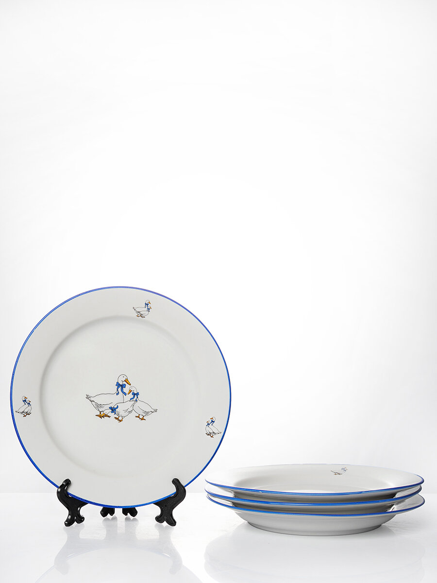 Набор фарфоровых тарелок мелких 240мм. "Гуси", отводка краской гладкий край, Дулево - 4 шт.