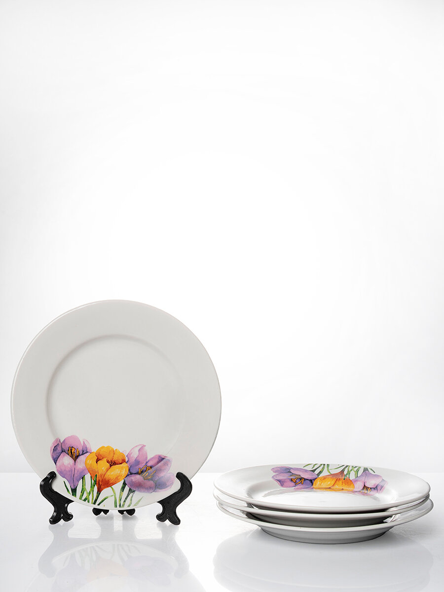 Набор фарфоровых тарелок мелких 200мм. "Крокусы" Гладкий край, Дулево 4 шт.