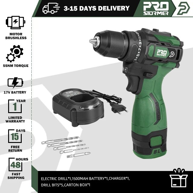 Бесщеточная аккумуляторная дрель PROSTORMER 17В 5 шт.