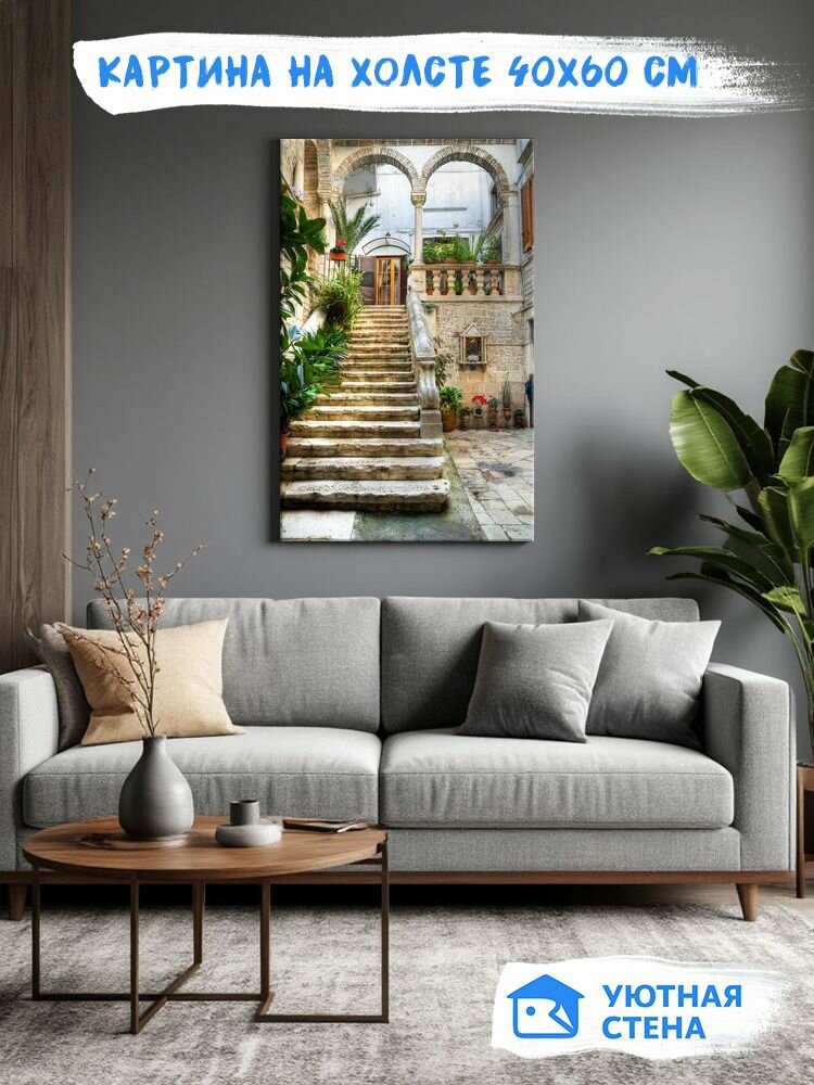 Картина на натуральном холсте Уютная стена "Лестница в итальянском дворике" 40х60 см