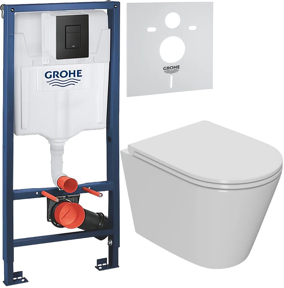 Комплект 3 в 1 Унитаз подвесной Bauedge Bau Nimb Hurricane3 / Инсталляция с кнопкой Grohe Solido 38811KF0 цвет черный / Звукоизоляция 37131000