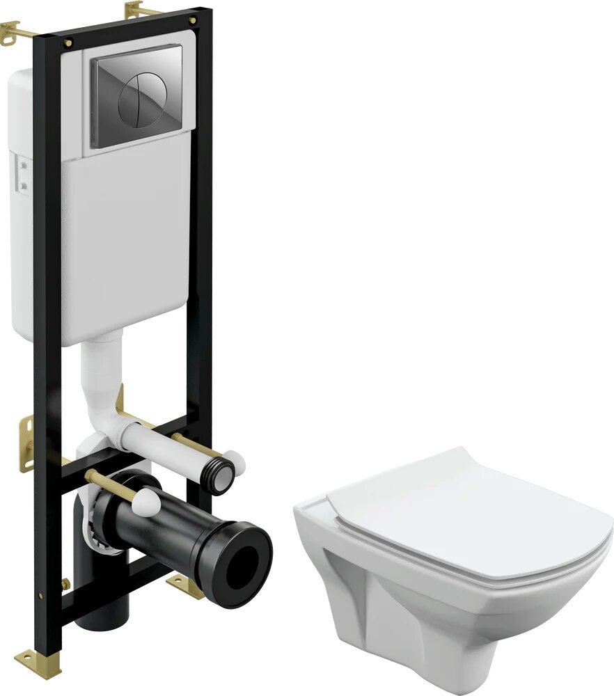 Комплект 2 в 1 Унитаз подвесной Cersanit Carina XL Clean On DPL EO / Инсталляция с кнопкой Black S-IN-BLACK-Cg-w цвет хром