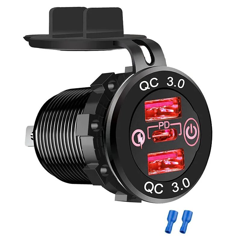 12 В/24 В, тройное автомобильное зарядное устройство USB C, розетки USB PD и 18 Вт QC3.0, алюминиевая металлическая автомобильная розетка с сенсорным переключателем, Red no wire