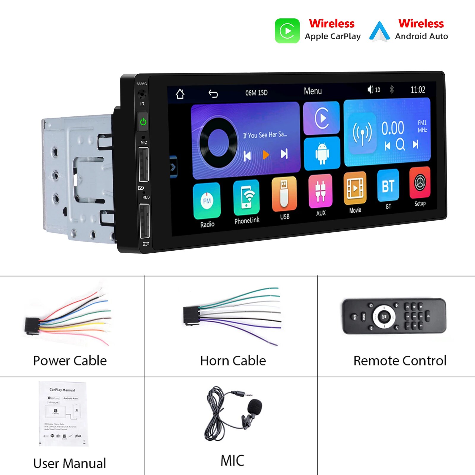 Автомагнитола AMPrime 6,86 дюйма, 1 Din, Android, Bluetooth, FM-приемник, MP5-плеер, Wireless Carplay