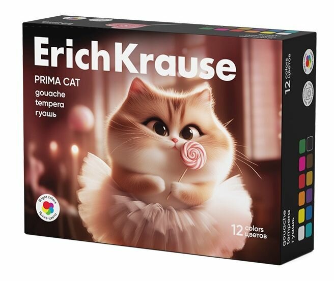 Гуашь Erich Krause 12 цветов, по 17 мл, "Prima Cat" (65193)