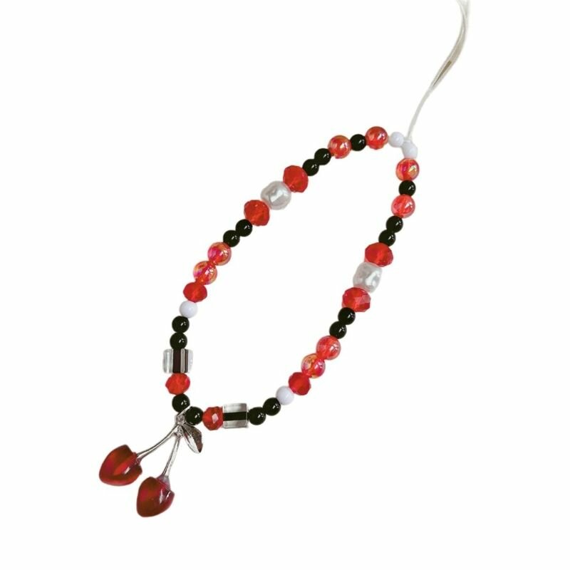 Вишневый кулон на цепочке для мобильного телефона из бисера-Красная и черная вишня