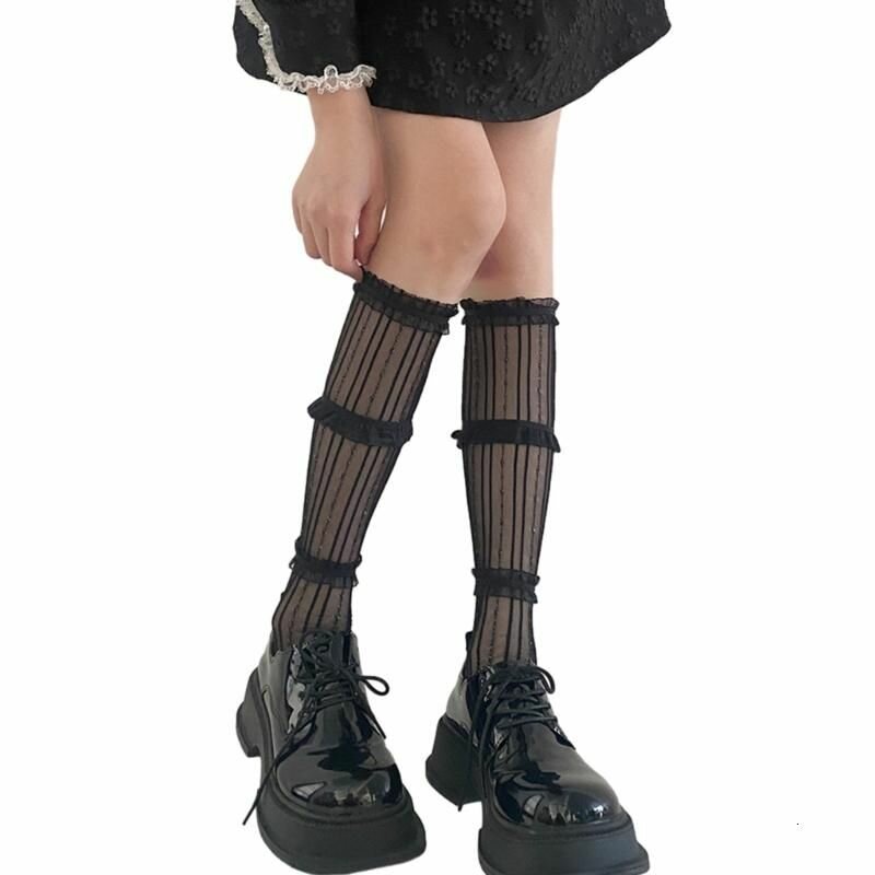 Женские гольфы в японском стиле белые кружевные, Черный