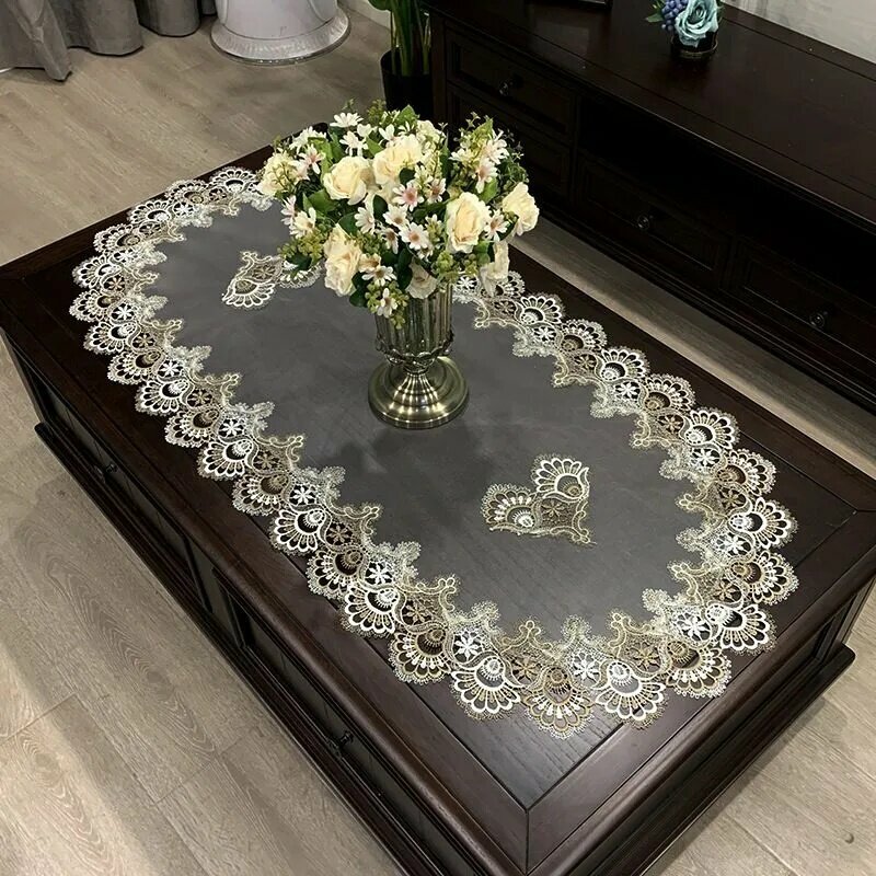 Дорожка для стола Кружево 60x120см, овальная дорожка из кружева, серебристо-серый цвет, 120 на 60 см