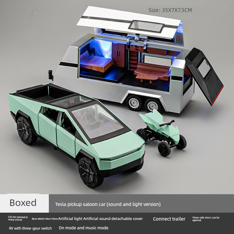 Улучшенная модель Tesla Pickup Truck в зеленом цвете с подсвеченным прицепом и мотоциклом