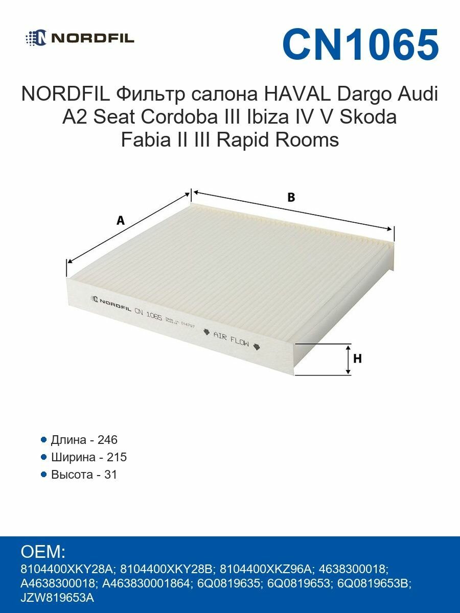 NORDFIL Фильтр салона HAVAL Dargo Audi A2 Seat Cordoba III Ibiza IV V Skoda Fabia II III Rapid Rooms