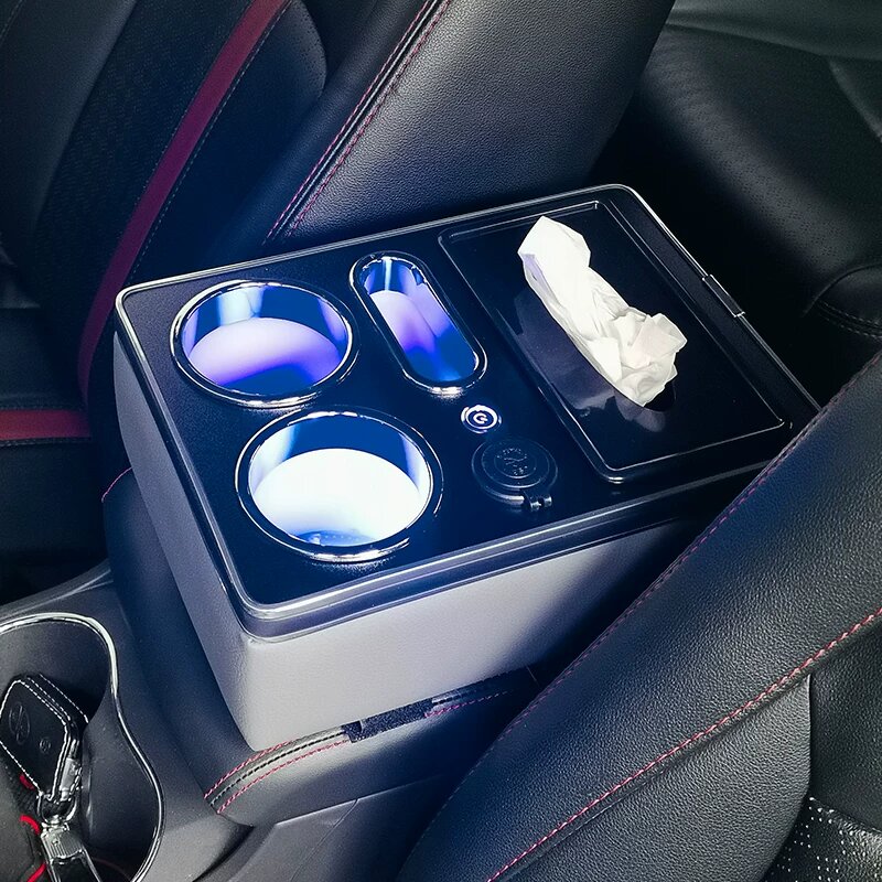 Роскошный органайзер для подлокотника автомобиля с USB-зарядкой, амбиентным освещением, держателем бумажных салфеток,
