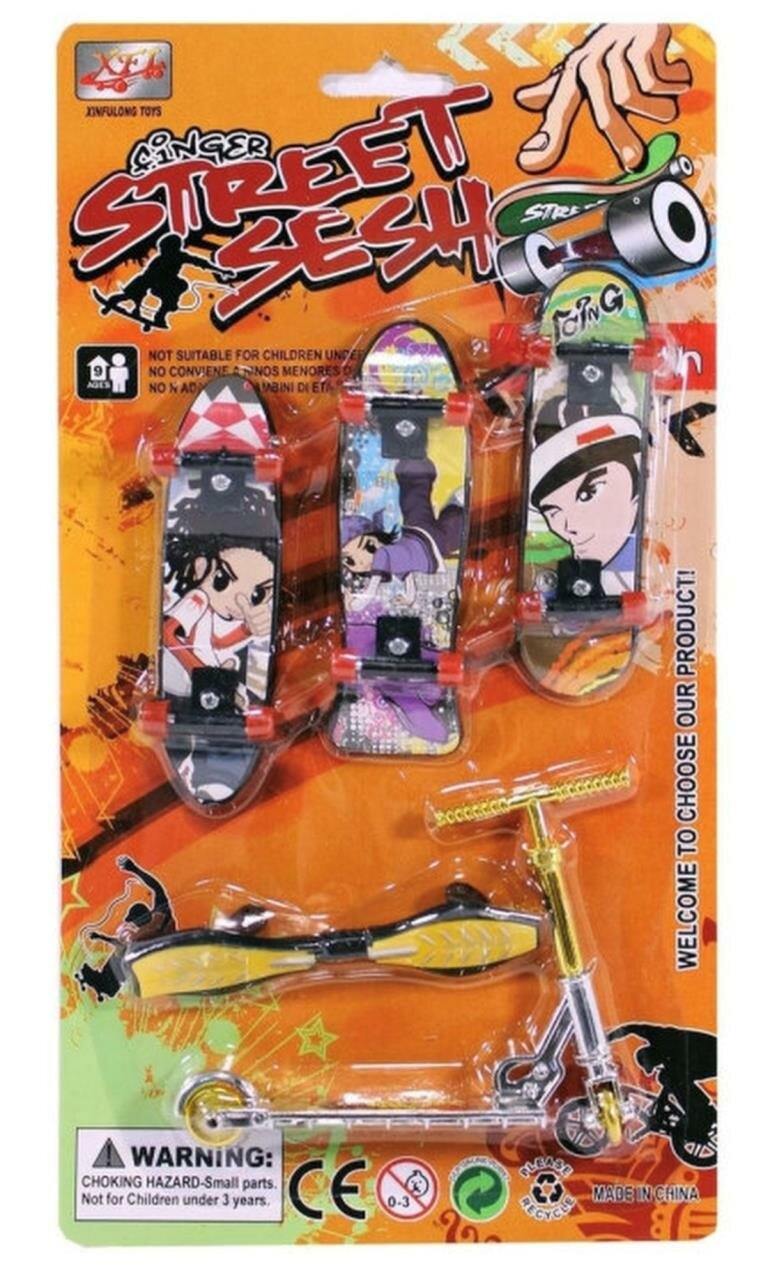 Набор фингерборд, 3 скейта + самокат, разноцветный, дерево, 6+