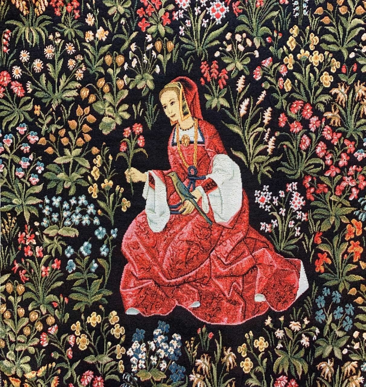 Гобелен средневековый, гобелен без рамы 45х45 см / "Портрет. Дама с птицей"