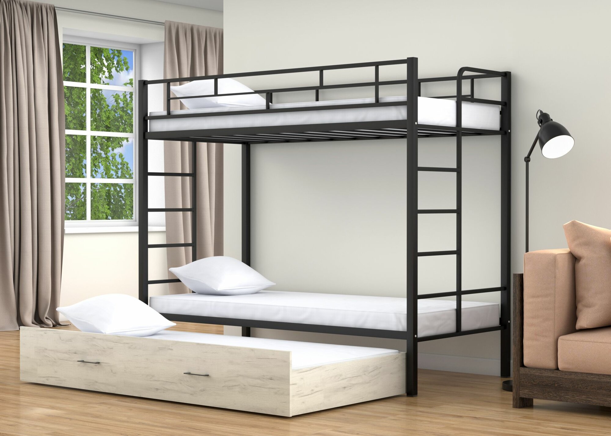 Двухъярусная кровать Валенсия Твист выкатная Черный/Дуб крафт белый