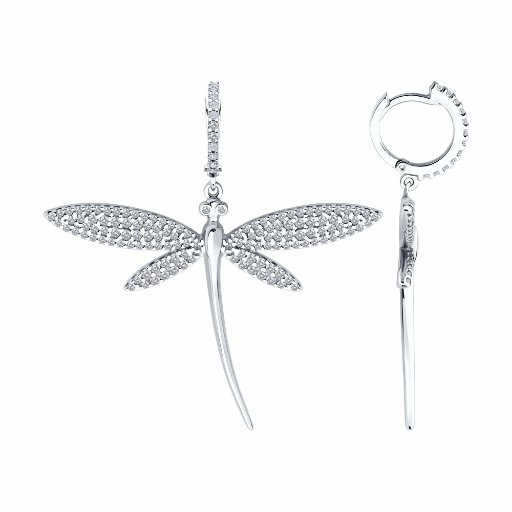 Серьги с подвесками, серебро, 925 проба, родирование, фианит