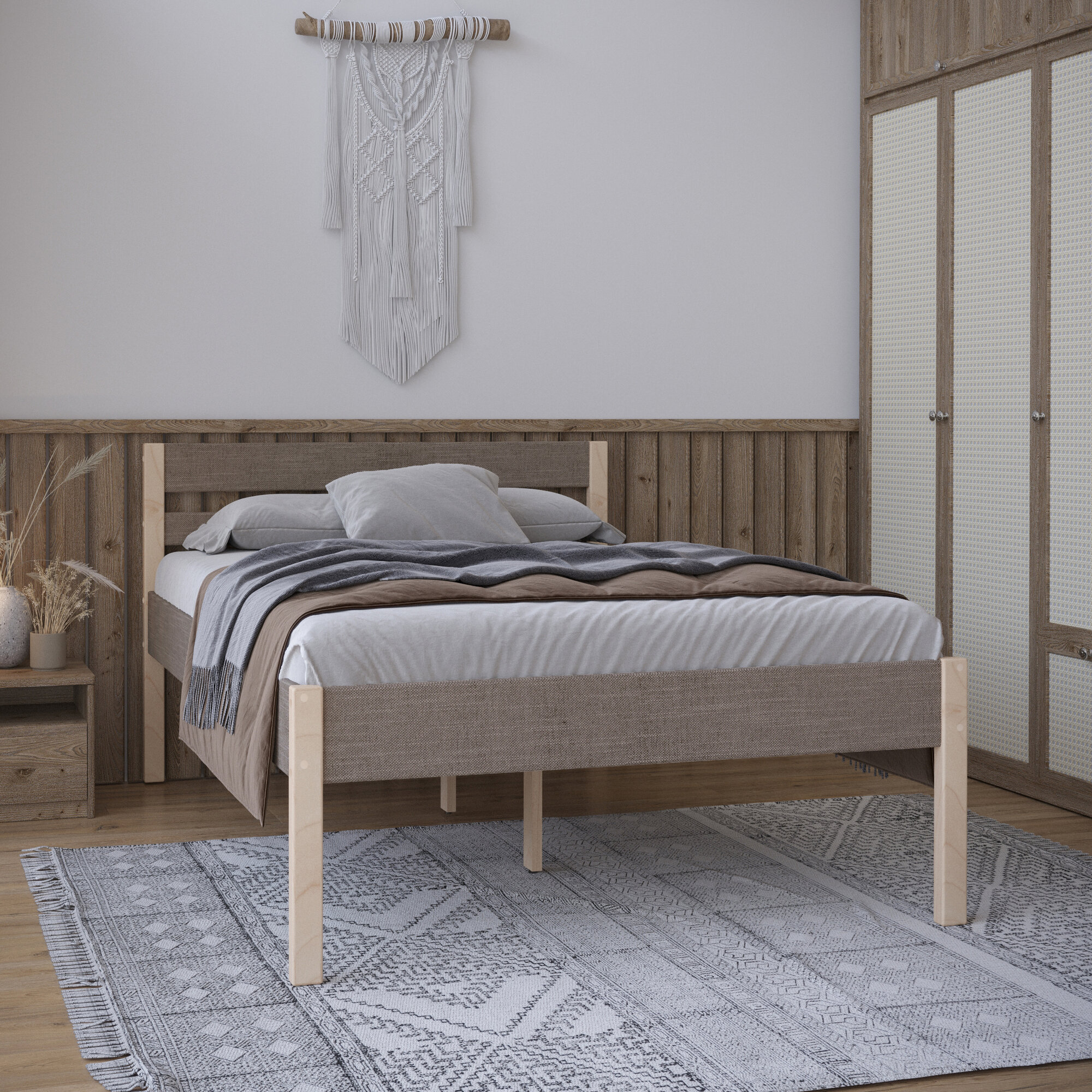 Кровать односпальная, 120х200 см, Hansales, деревянная, высокая, из массива березы, ткань коричневая