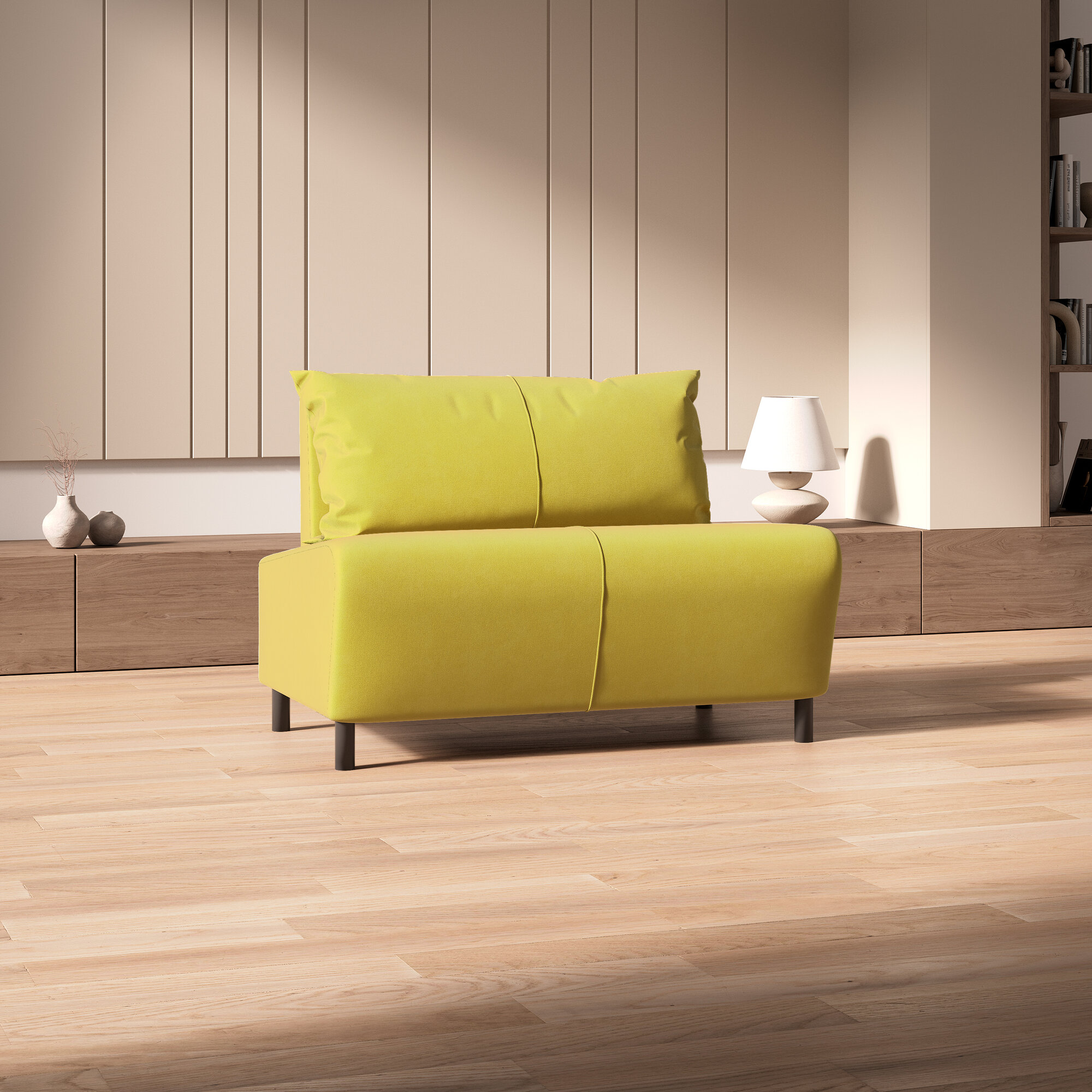 Диван TWIN, с подушкой, в офис, холл, 100 см, без подлокотников, антивандальный велюр, горчичный